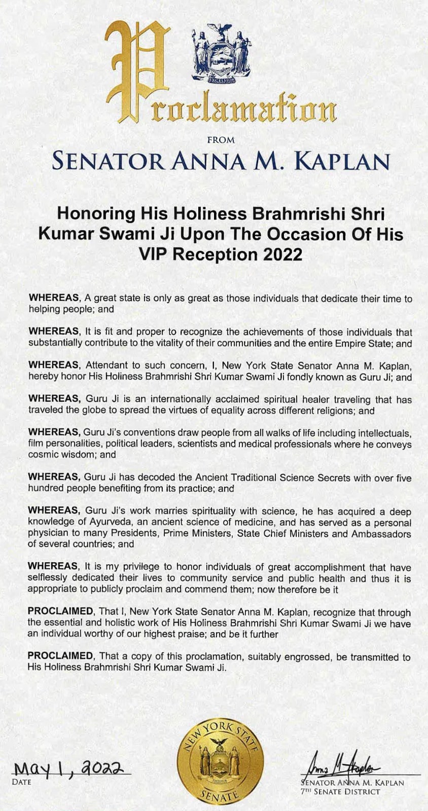 Senator Anna M Kaplan issued a proclamation in honor of His Holiness on ...